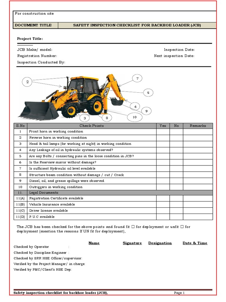 C03.Safety Inspection Checklist For Backhoe Loader (JCB) | PDF | Technology & Engineering
