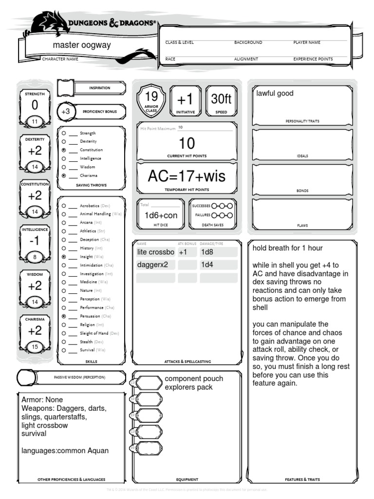 Tortle Character Sheet Pdf Role Playing Games 