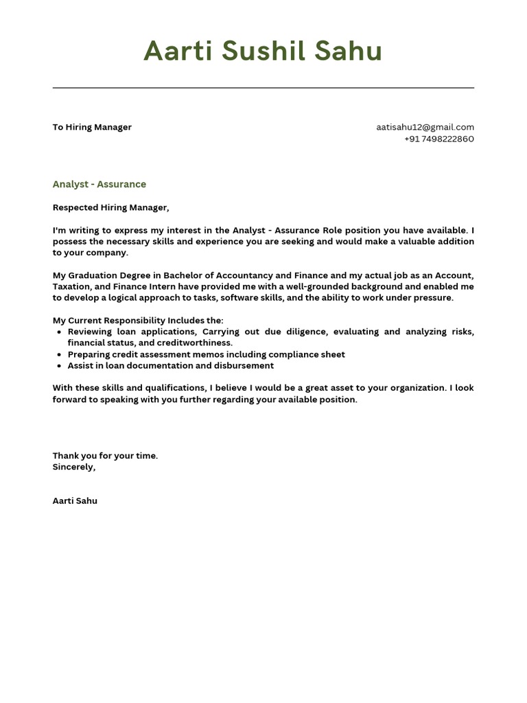 Aarti Sahu Cover Letter | PDF
