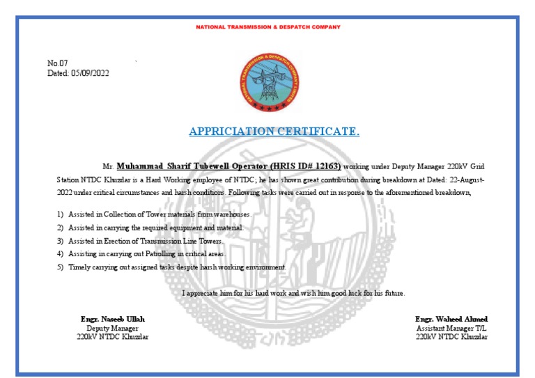 Letter of Appriciation IRO Tubewell Operator Muhammad Shareef | PDF