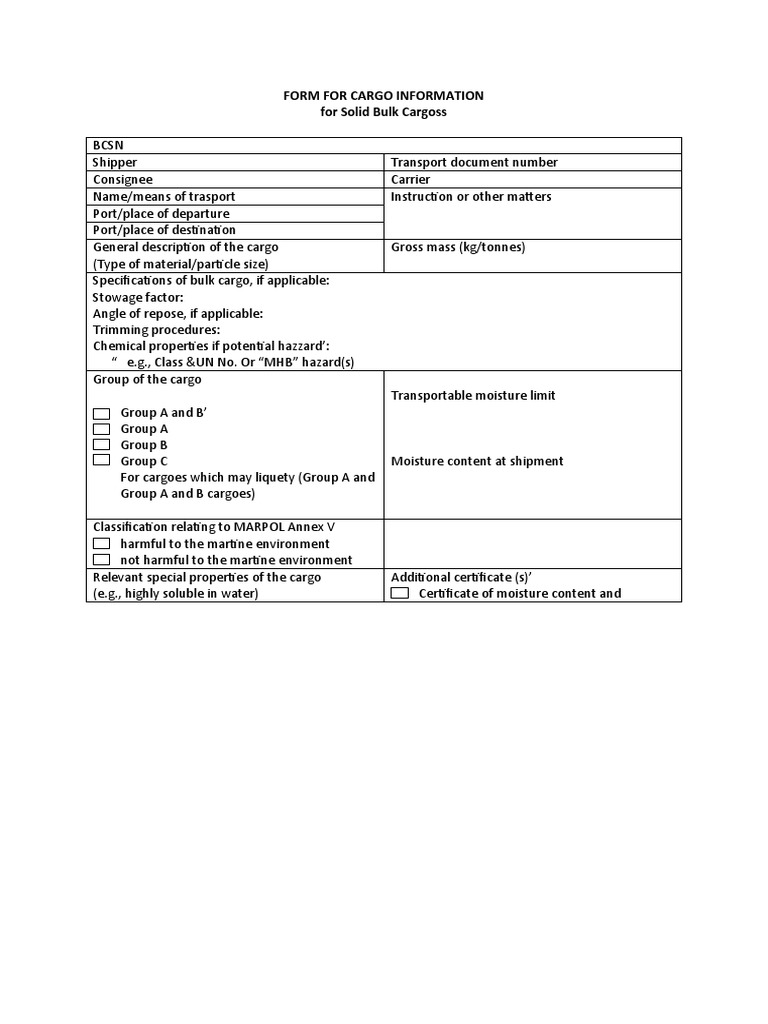 Form For Cargo Information | PDF