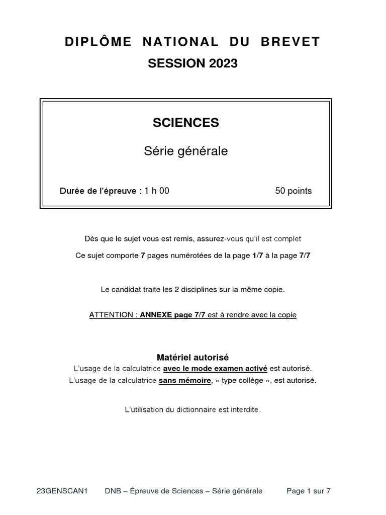 Brevet 2023 Amérique Sciences | PDF
