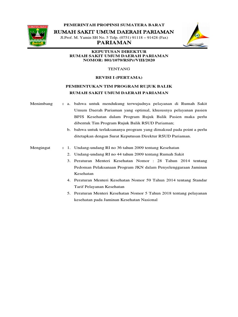 SK Pembentukan Tim Program Rujuk Balik (PRB) 2020 | PDF