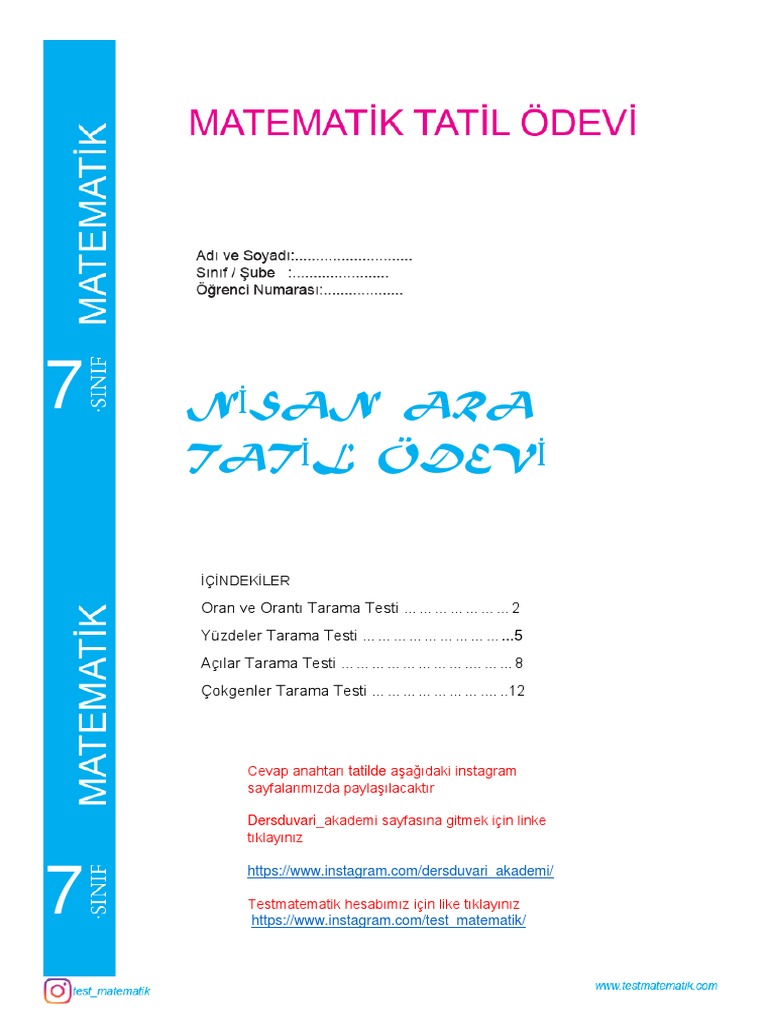 7.Sınıf Nisan Tatil Ödevii | PDF