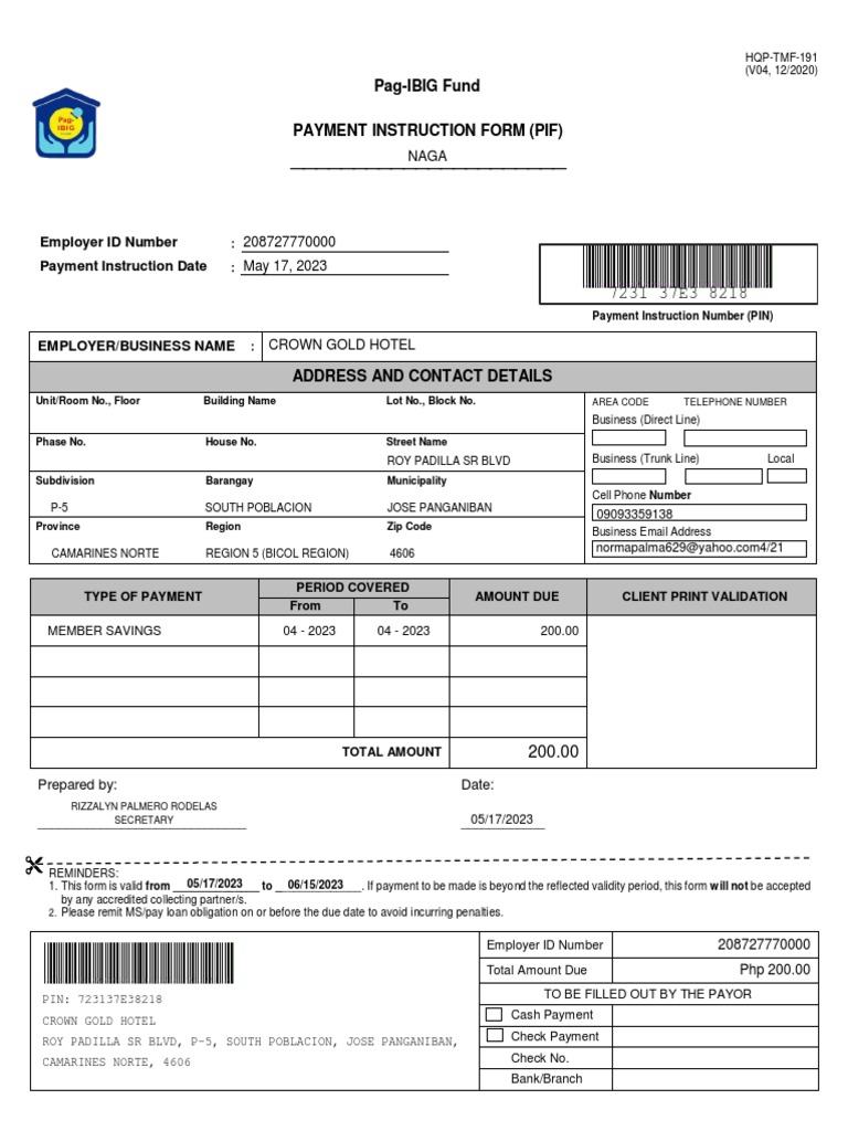 Pag-IBIG Fund: Employer ID Number Payment Instruction Date | PDF