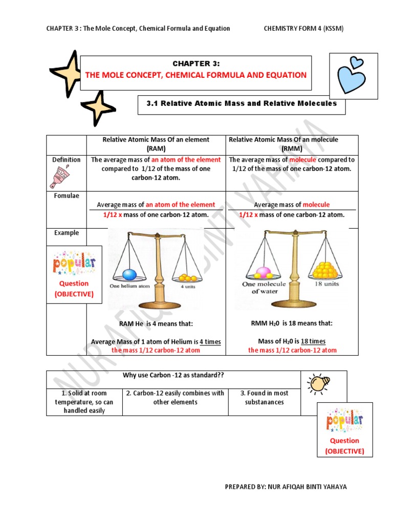 NOTE CHAPTER 3 The Mole Concept, Chemical Formula and Equation | PDF | Mole (Unit) | Molecules