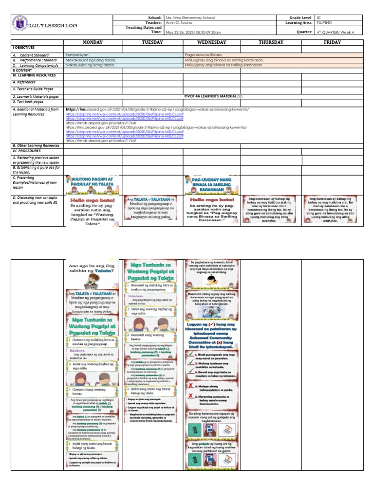 DLL Quarter 4 Week 4 Filipino 3 | PDF | Teachers | Learning