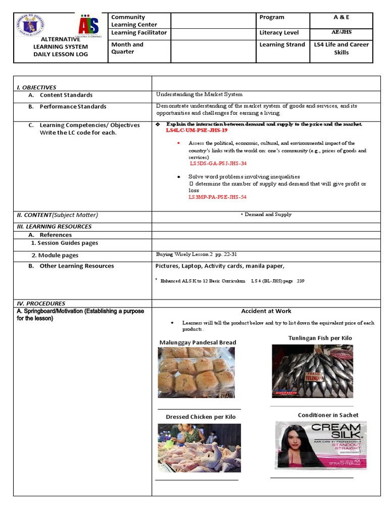 Week 5-LS4 DLL (Demand - Supply) | PDF | Supply (Economics) | Demand