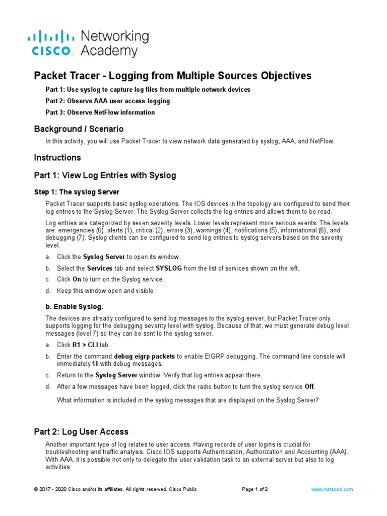 24.2.2 Packet Tracer - Logging From Multiple Sources | PDF | Login | User (Computing)