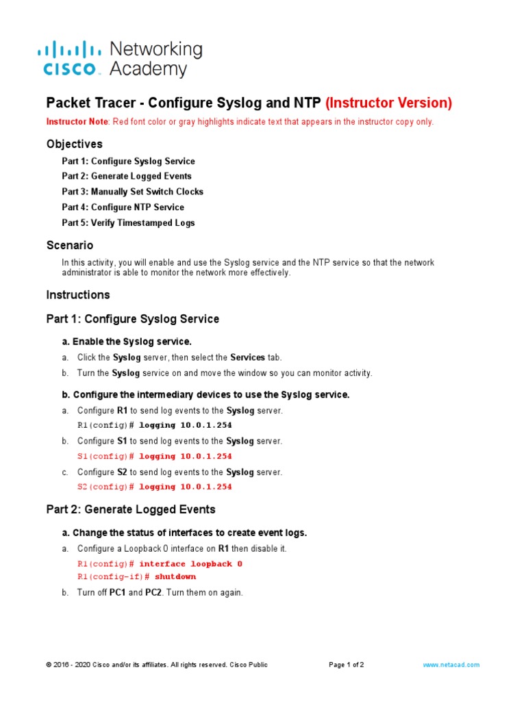 24.2.1 Packet Tracer - Configure Syslog and NTP - ILM | PDF | Communications Protocols | Network ...