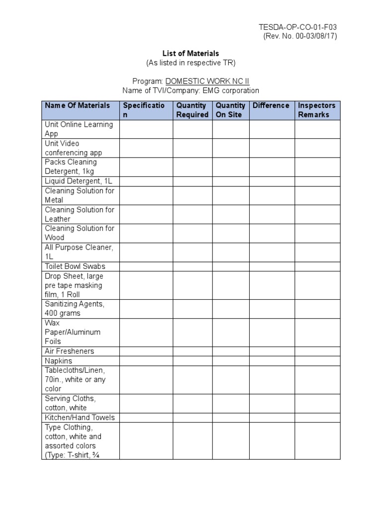 List of Materials | PDF