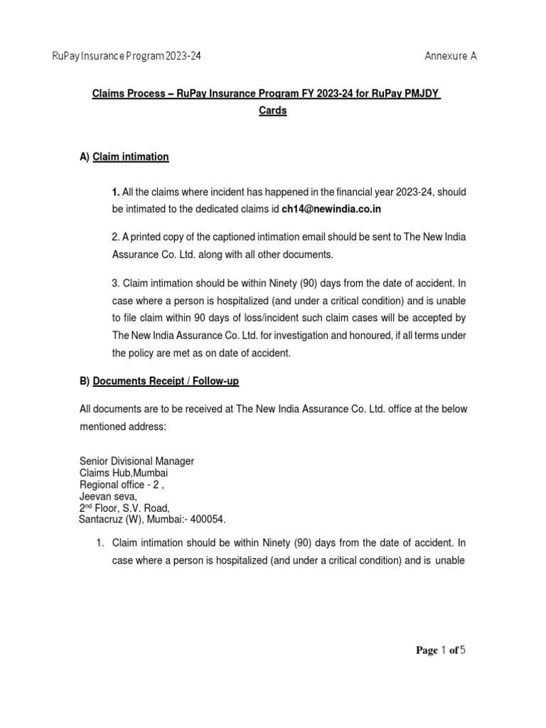 Claim Process Rupay PMJDY Insurance Program 23-24 | PDF | Insurance