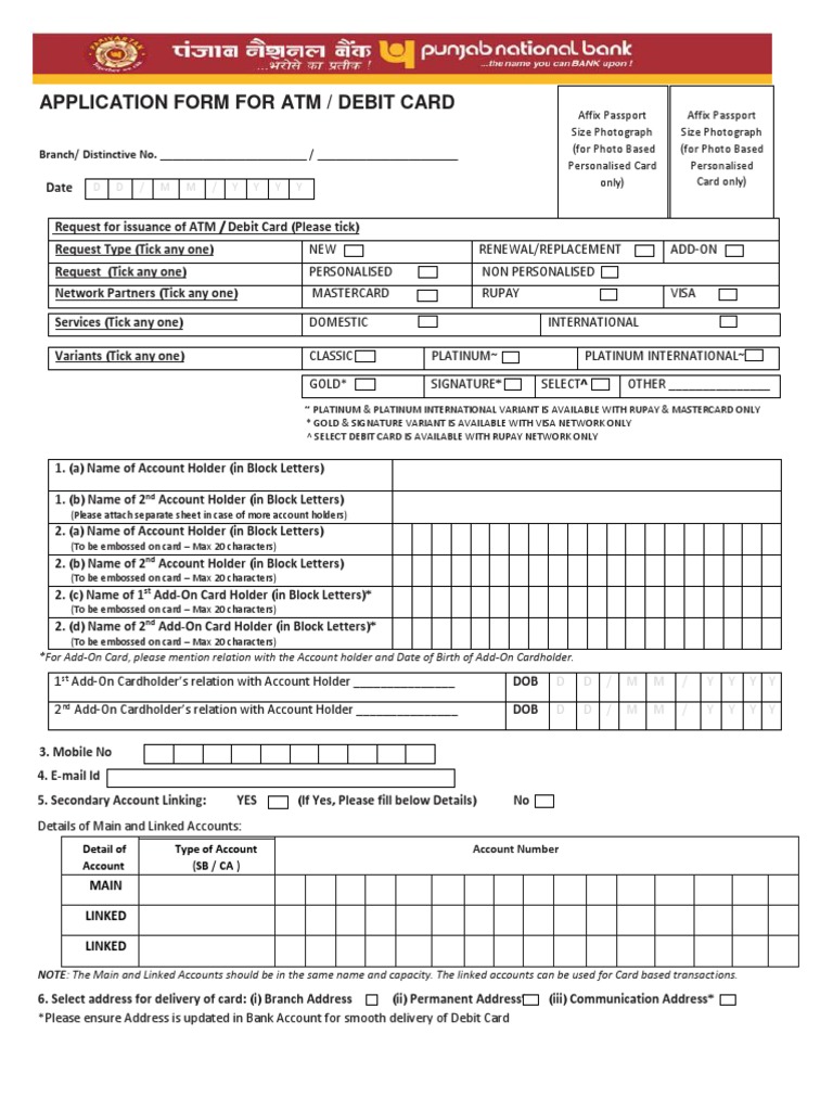 PNB-1068 (R1) - Application Form For ATM DEBIT Cards | PDF | Debit Card ...
