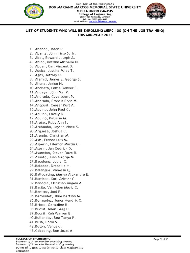 List of Students For Midyear 2023 | PDF | Engineering | Physical Sciences