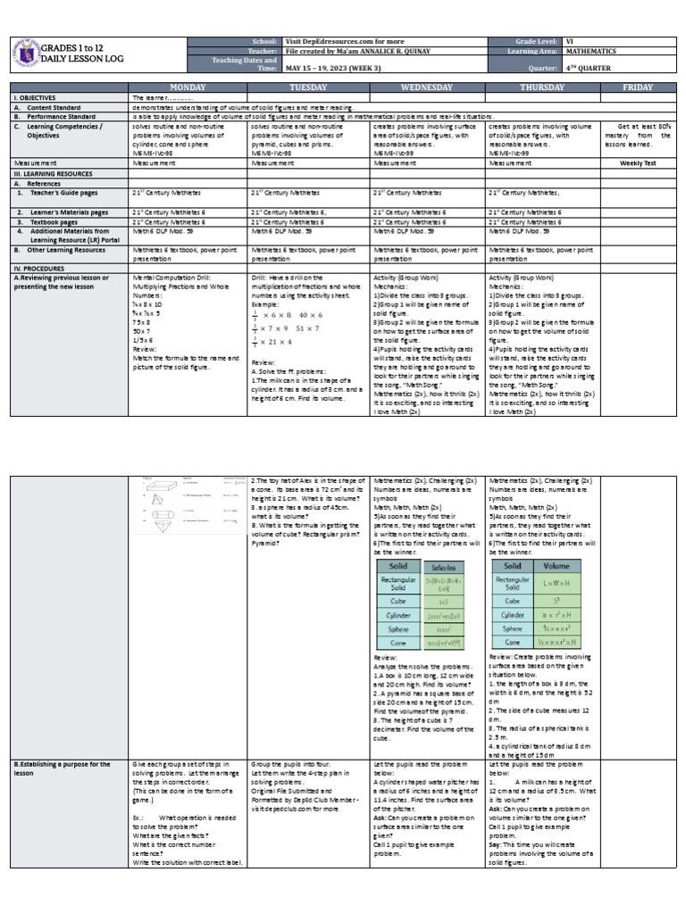DLL - Mathematics 6 - Q4 - W3 | PDF | Volume | Area