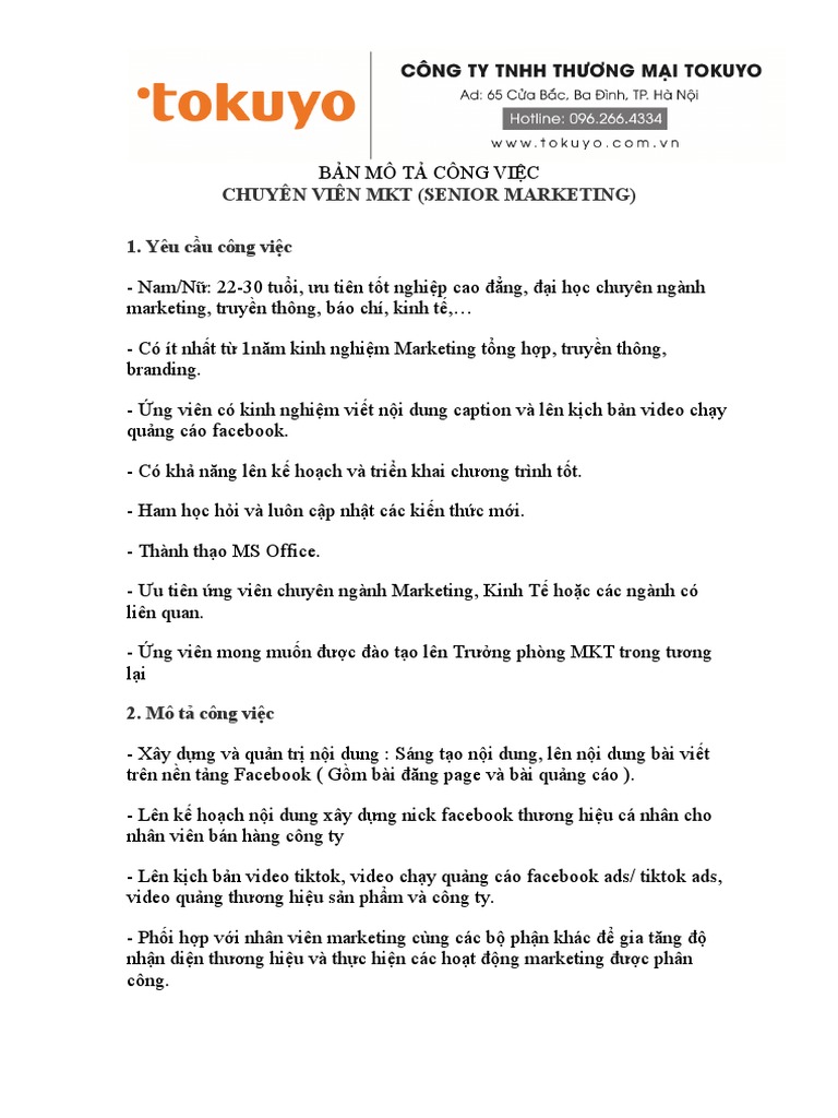 JD Chuyên Viên MKT 2023 Tokuyo | PDF