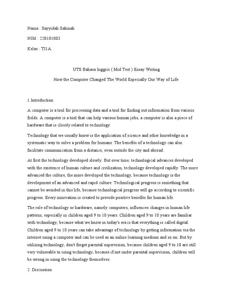 Mid Test Bahasa Inggris (Essay Writing) Sayyidah Sakinah TI1A | PDF ...