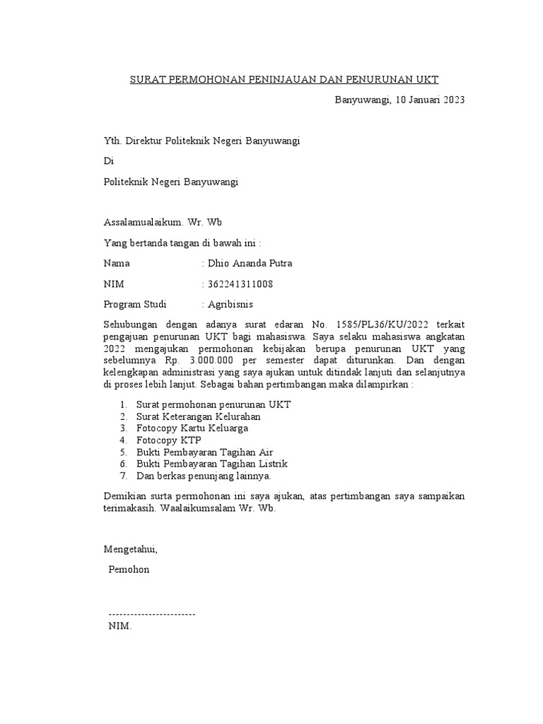 Format Surat Permohonan Peninjauan Dan Penurunan Ukt | PDF