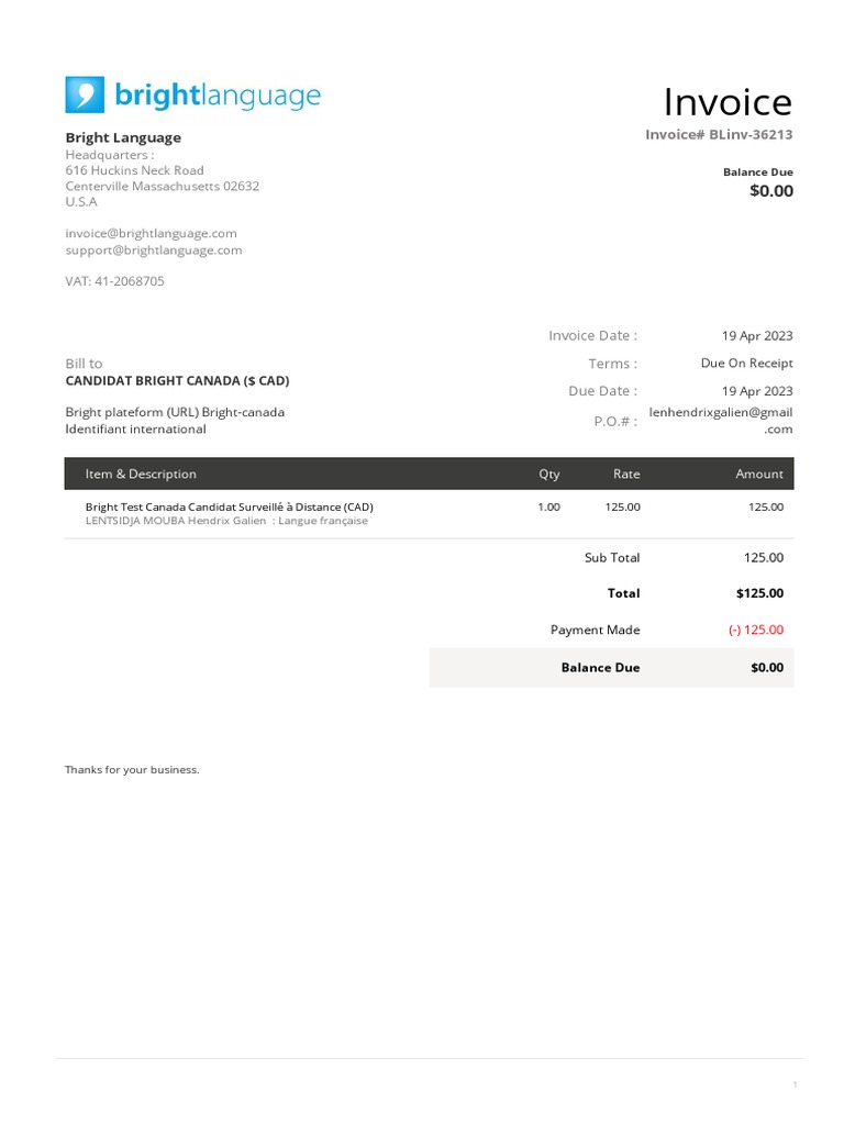 Invoice for Bright Language Test | PDF