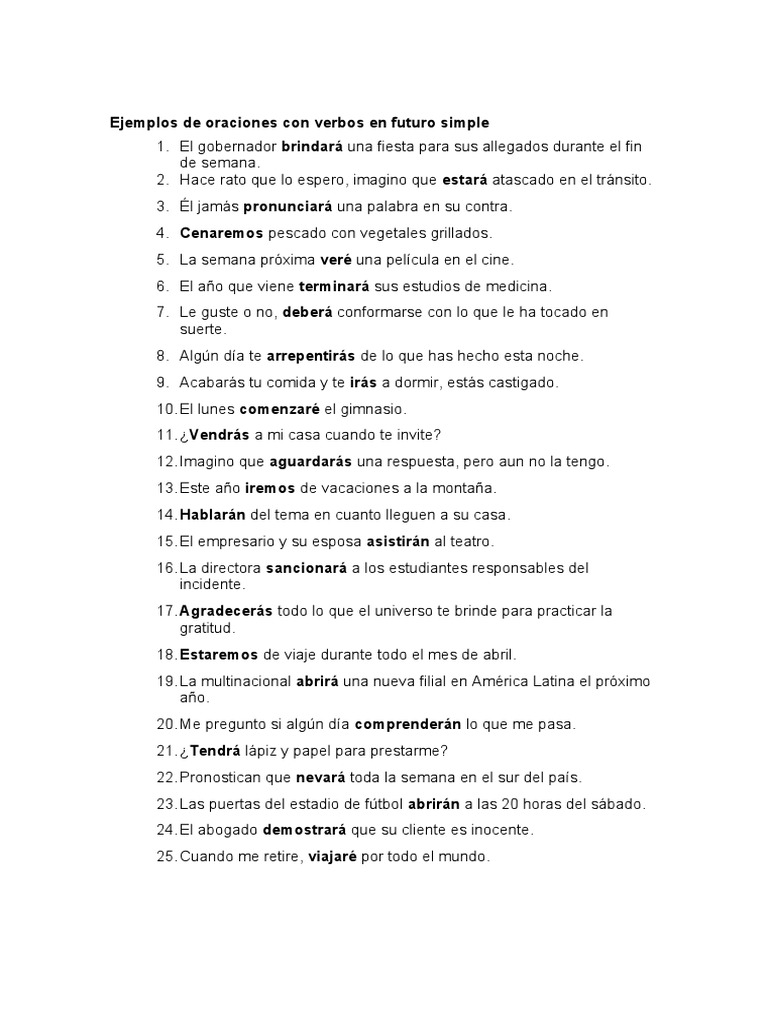 Ejemplos de Oraciones Con Verbos en Futuro Simple | PDF