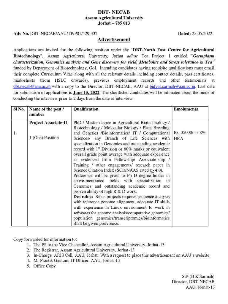 ADVT - Project Associate - Tea Project 1 | PDF | Genomics | Biotechnology