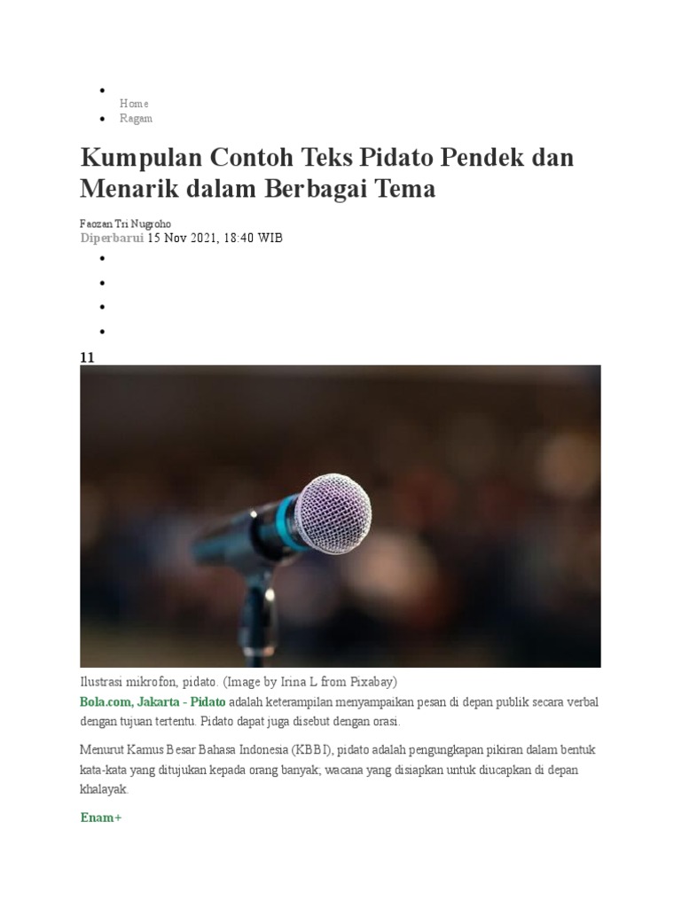 Kumpulan Contoh Teks Pidato Pendek Dan Menarik Dalam Berbagai Tema | PDF