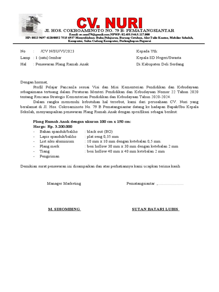Penawaran Plang Rumah Anak CV Nuri | PDF