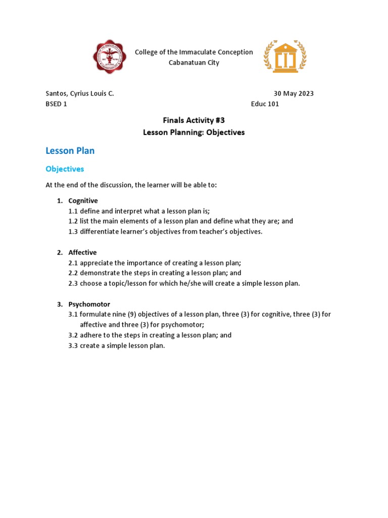 Lesson Planning Objectives Guide | PDF
