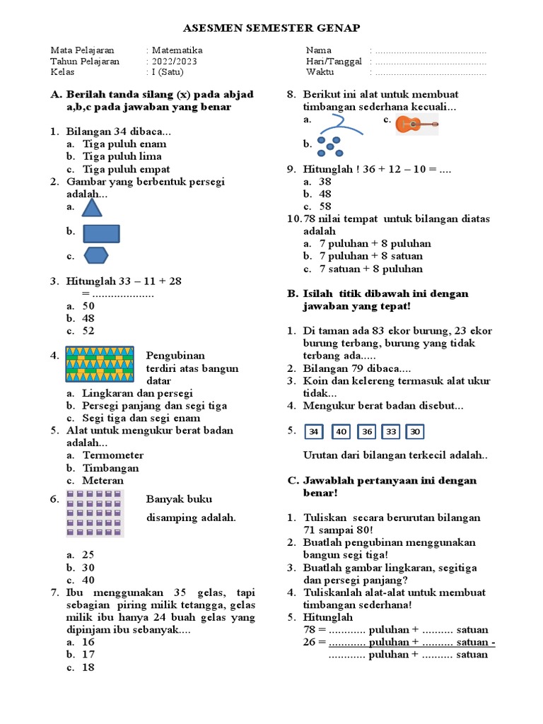 SOAL SLB 2023 Matematika Kelas 1 | PDF