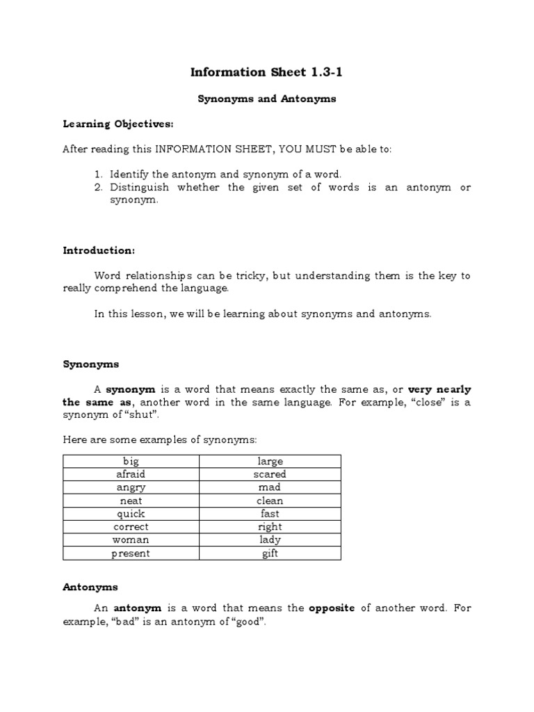 Synonyms and Antonyms Guide | PDF | English Language | Question