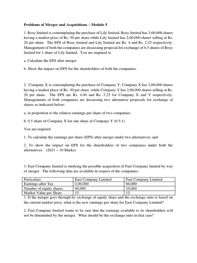 Problems On Merger | PDF | Mergers And Acquisitions | Takeover