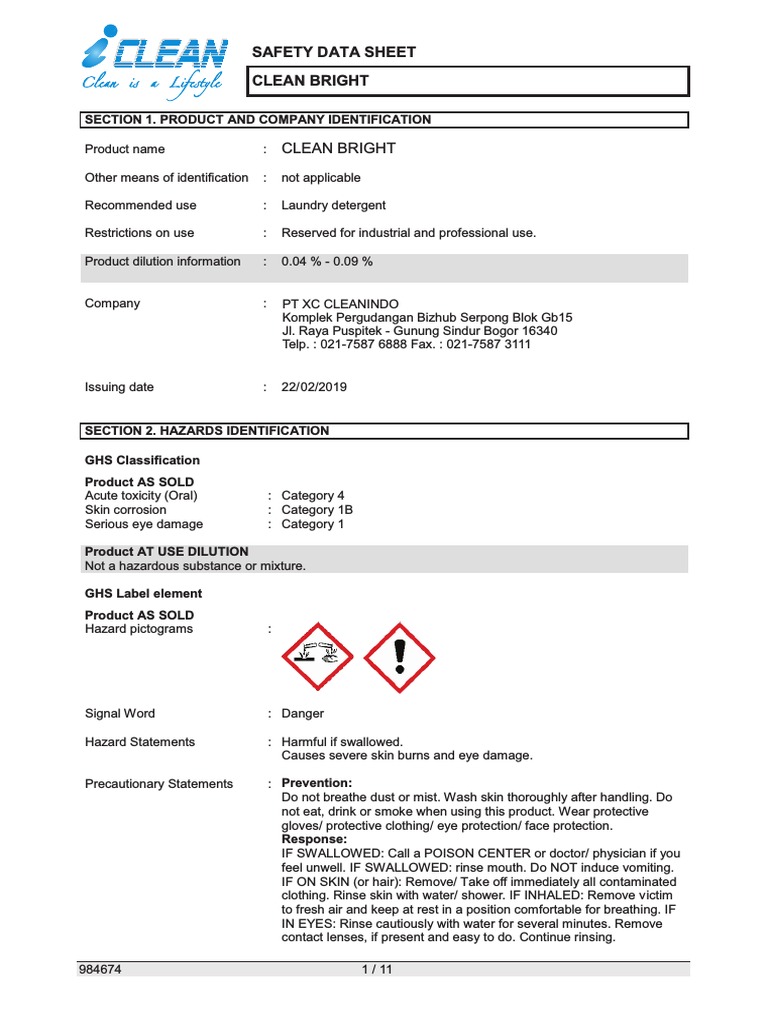 Clean Bright MSDS | Download Free PDF | Personal Protective Equipment ...