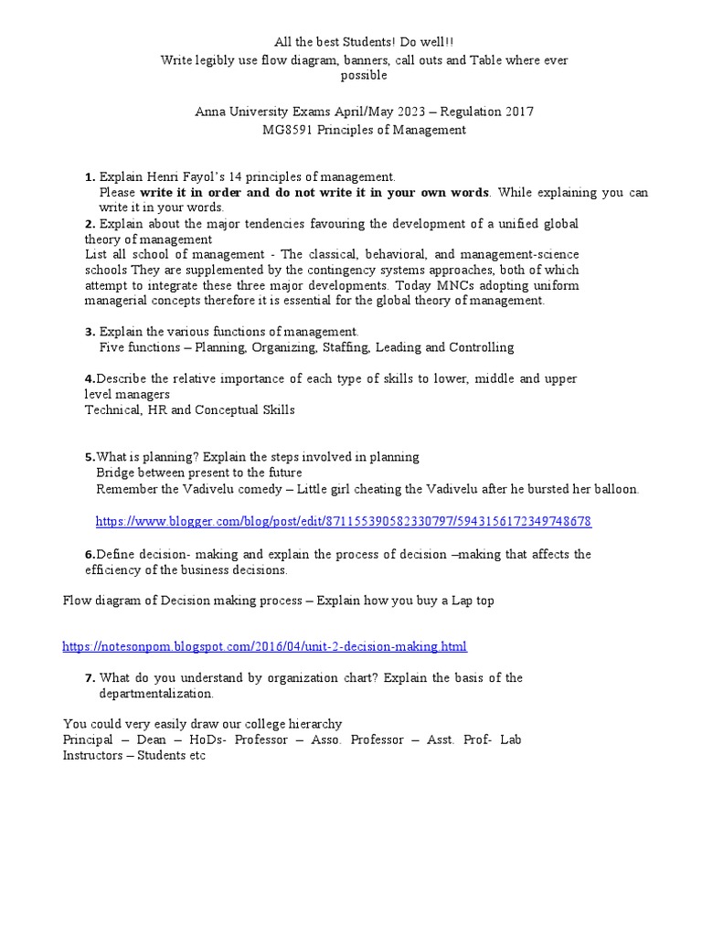 MG8591 - POM - Important Questions With Tips | PDF | Leadership | Motivation