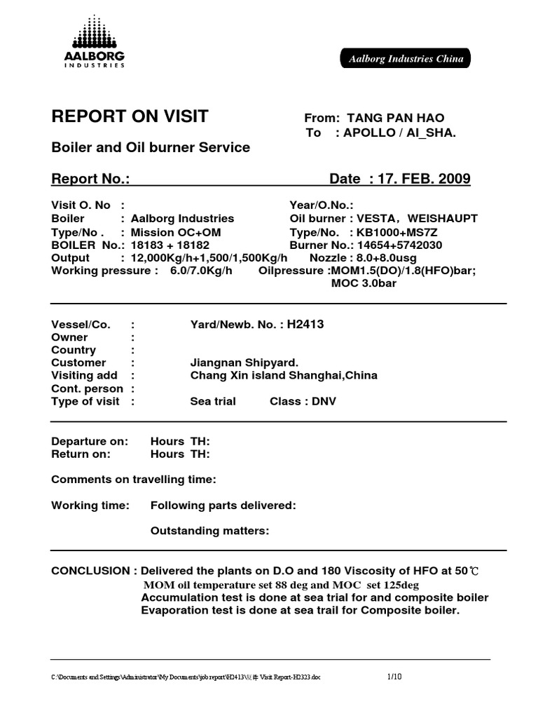 Report On Visit: Boiler and Oil Burner Service No.: Date: 17. Feb. 2009 | PDF | Mechanical ...