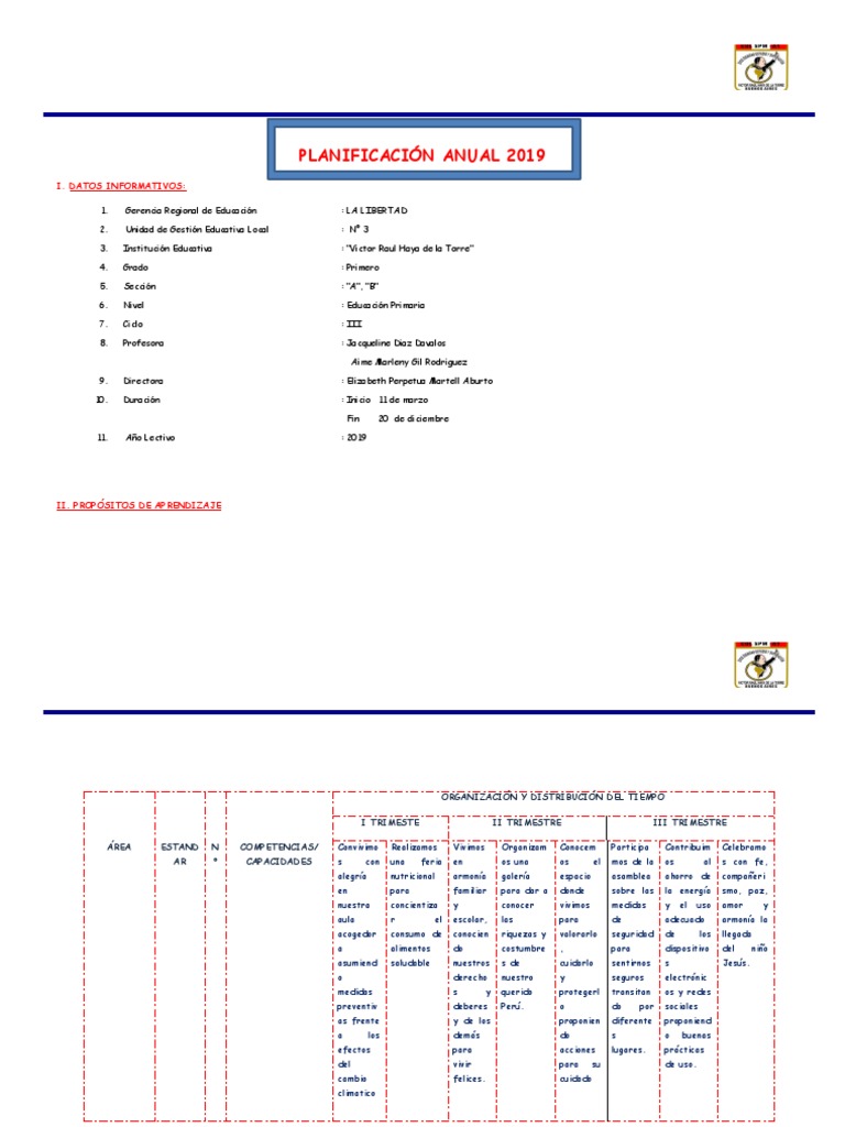 PLANIFICACIÓN ANUAL 2019 Primer Grado | PDF | Evaluación | Enseñando