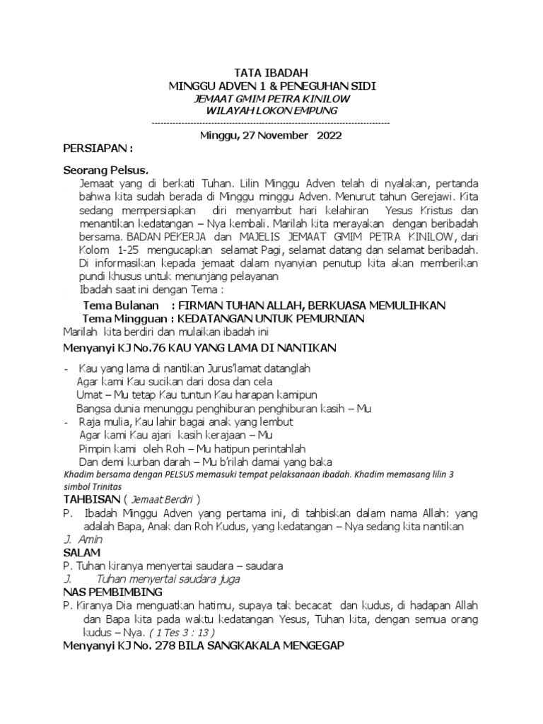 TATA IBADAH Minggu Advent 1 Dan Peneguhan Sidi | PDF