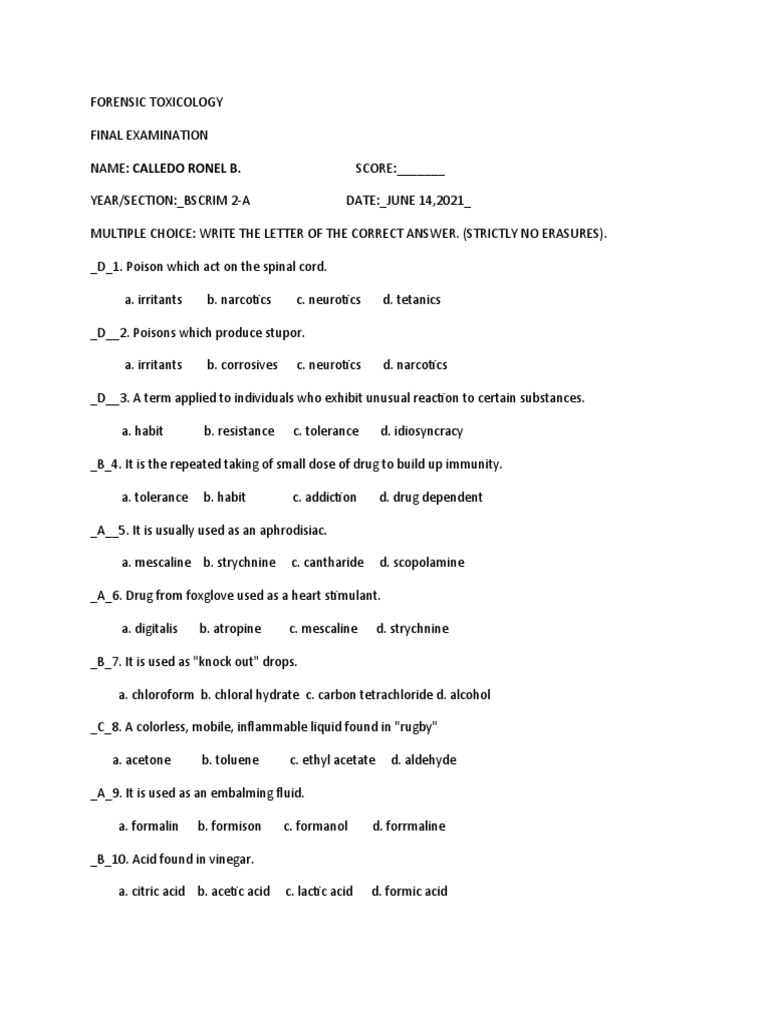 Forensic Toxicology Exam Guide | PDF | Ethanol | Acid