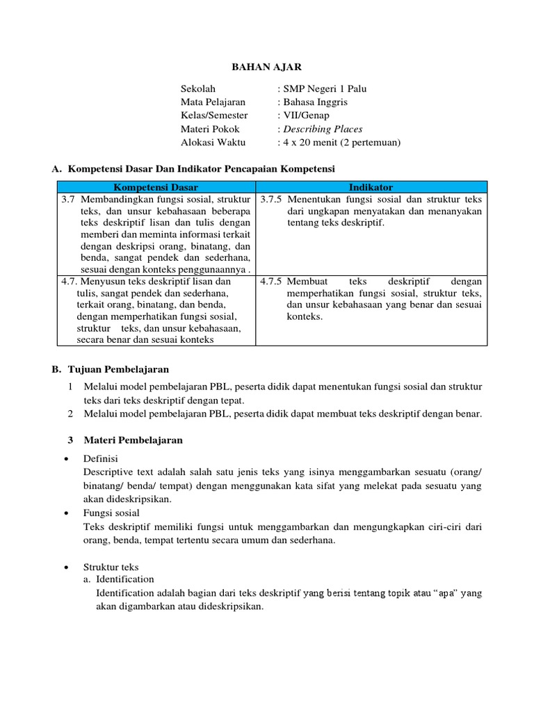 Bahan Ajar Describing Place | PDF