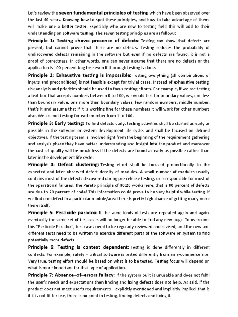 7 Principles Of Software Testing Pdf Software Testing Software Bug