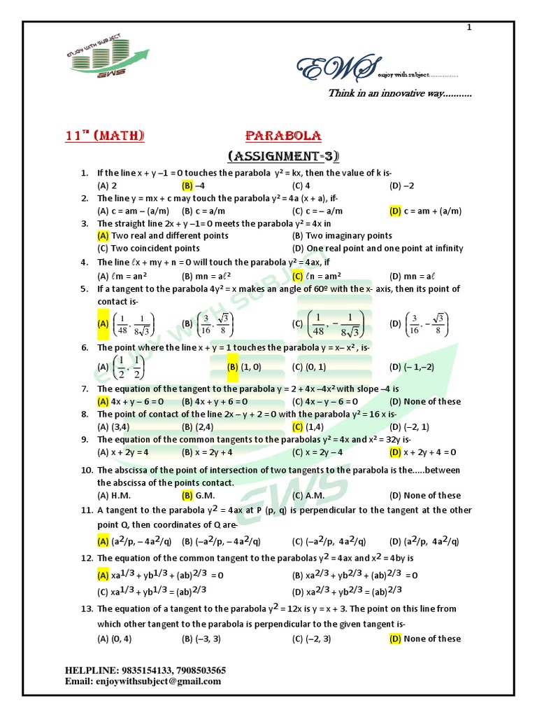 11TH Math Parabola Assignment-3 With Key | PDF | Perpendicular | Tangent