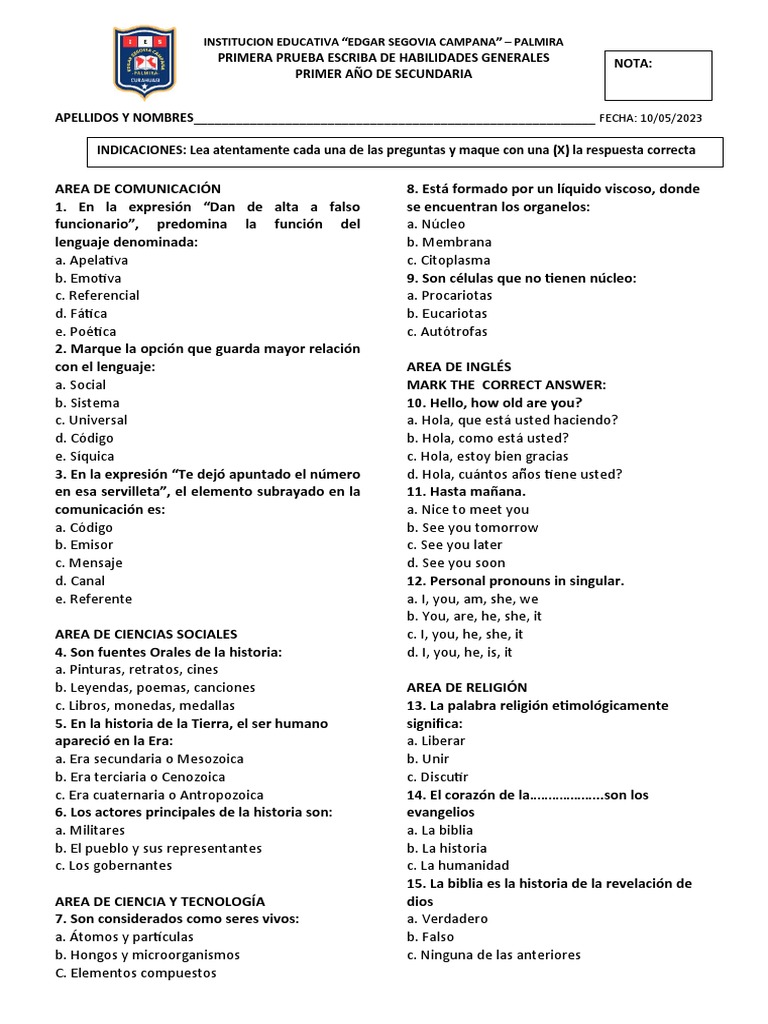 1° PRUEBA ESCRITA | PDF