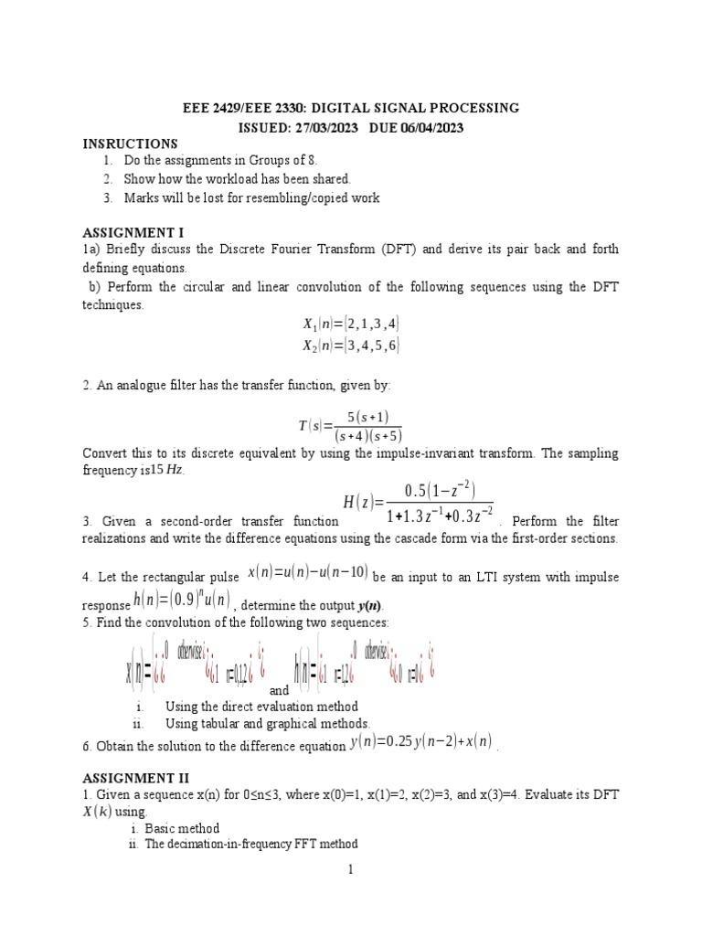 Eee 2429&eee2330-Assignments 1&2 | Download Free PDF | Discrete Fourier Transform | Mathematical ...
