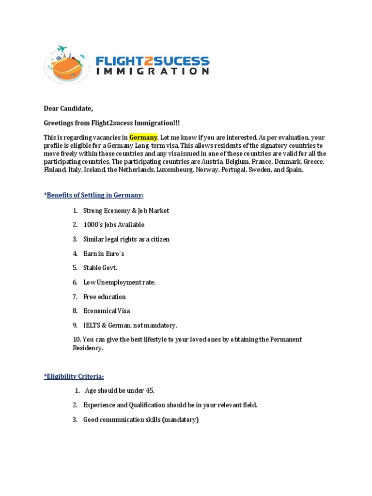 Germany Process Details | PDF | Travel Visa | Employment