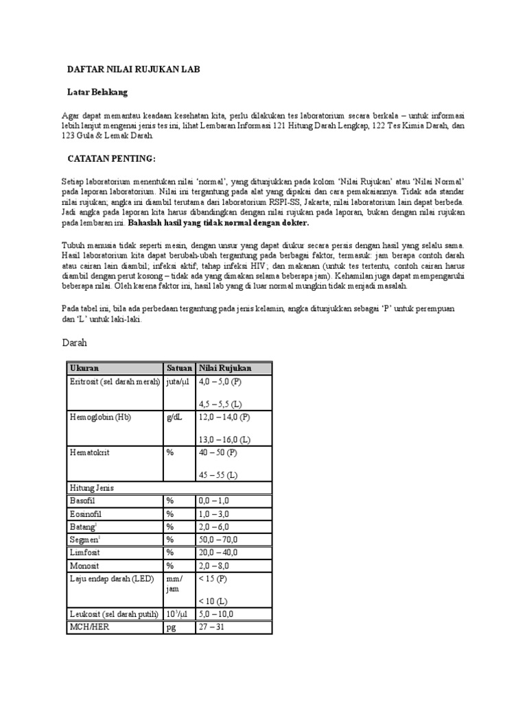DAFTAR NILAI RUJUKAN LAB | PDF
