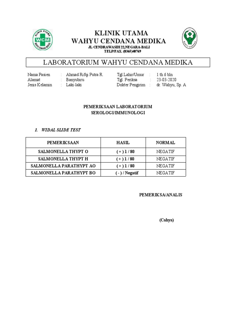 Hasil Uji Widal di Klinik Wahyu Medika | PDF