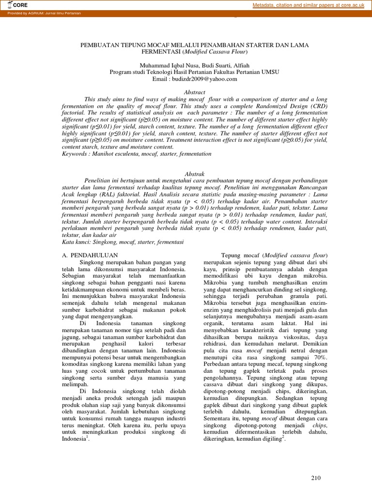 Pembuatan Tepung Mocaf Melalui Penambahan Starter Dan Lama | PDF