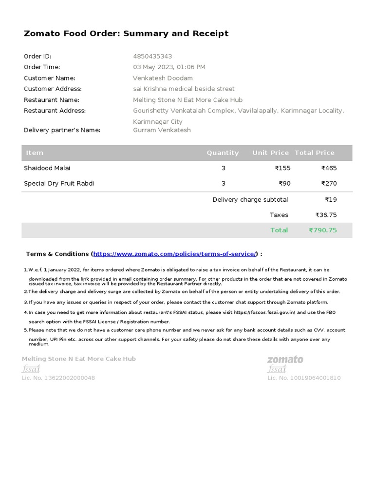 Zomato Order Summary and Receipt | PDF | Business | Service Industries