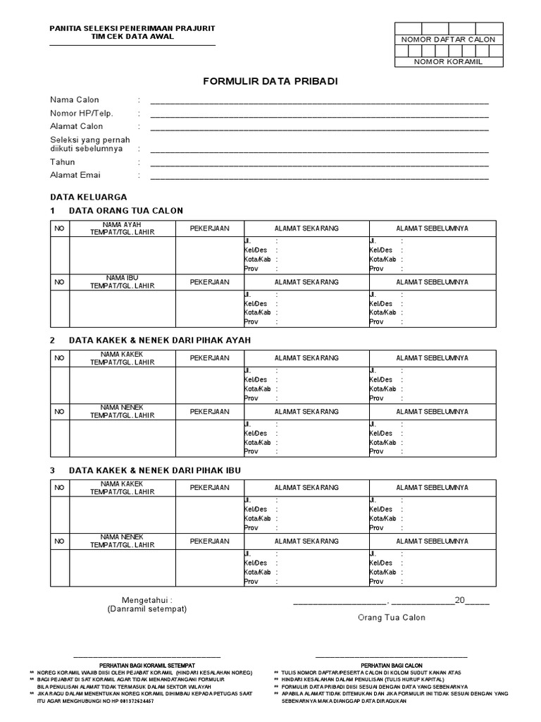 FORMULIR DATA PRIBADI Seleksi Penerimaan Prajurit | PDF