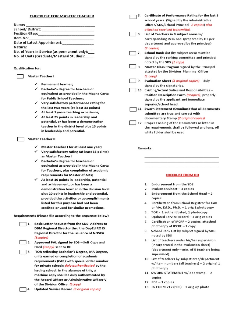 Master Teacher Qualification Checklist | PDF