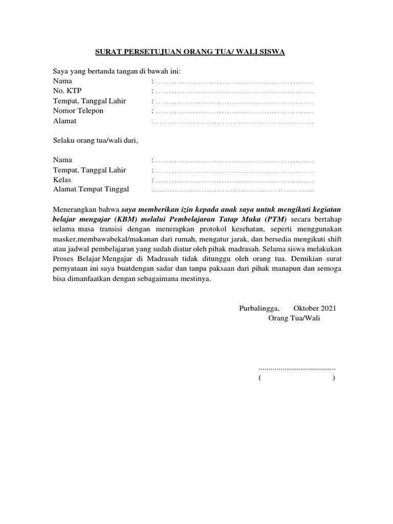 Surat Persetujuan Orang Tua | PDF